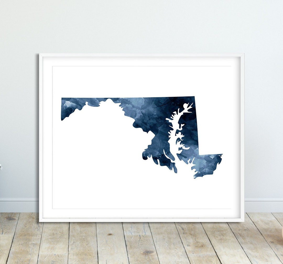 Maryland State Map Print, Navy Blue Watercolor Maryland Silhouette ...