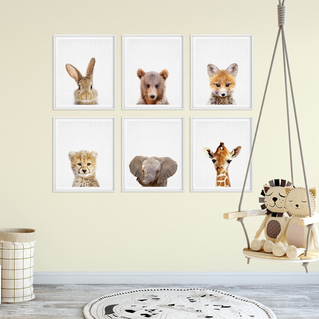Nursery Animals Wall Art, Baby Animals Set of 6, Bunny Fox Wolf Giraffe ...