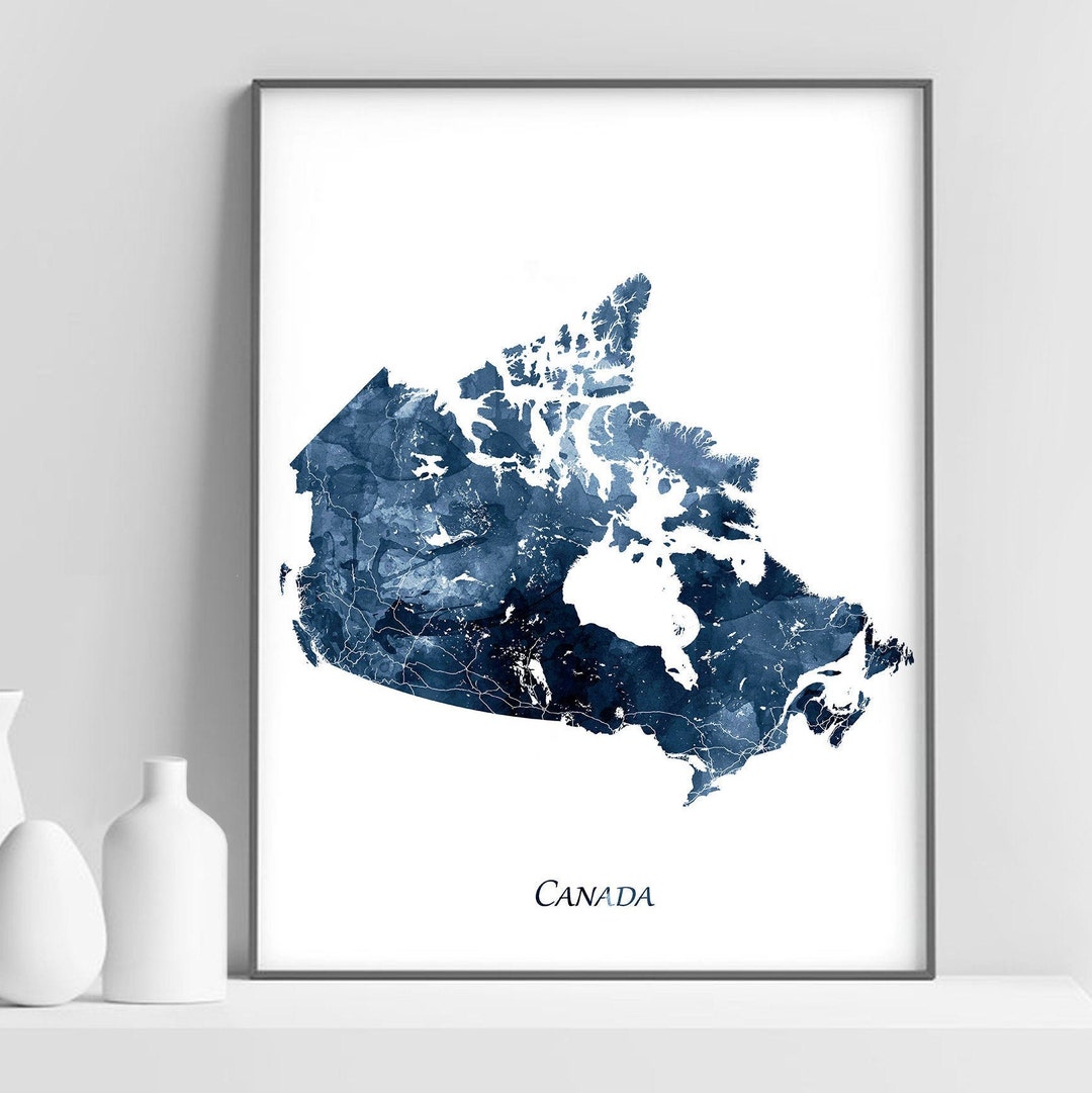 Canada Map Print, Canada Map Watercolor Navy Blue Art Poster, Country ...
