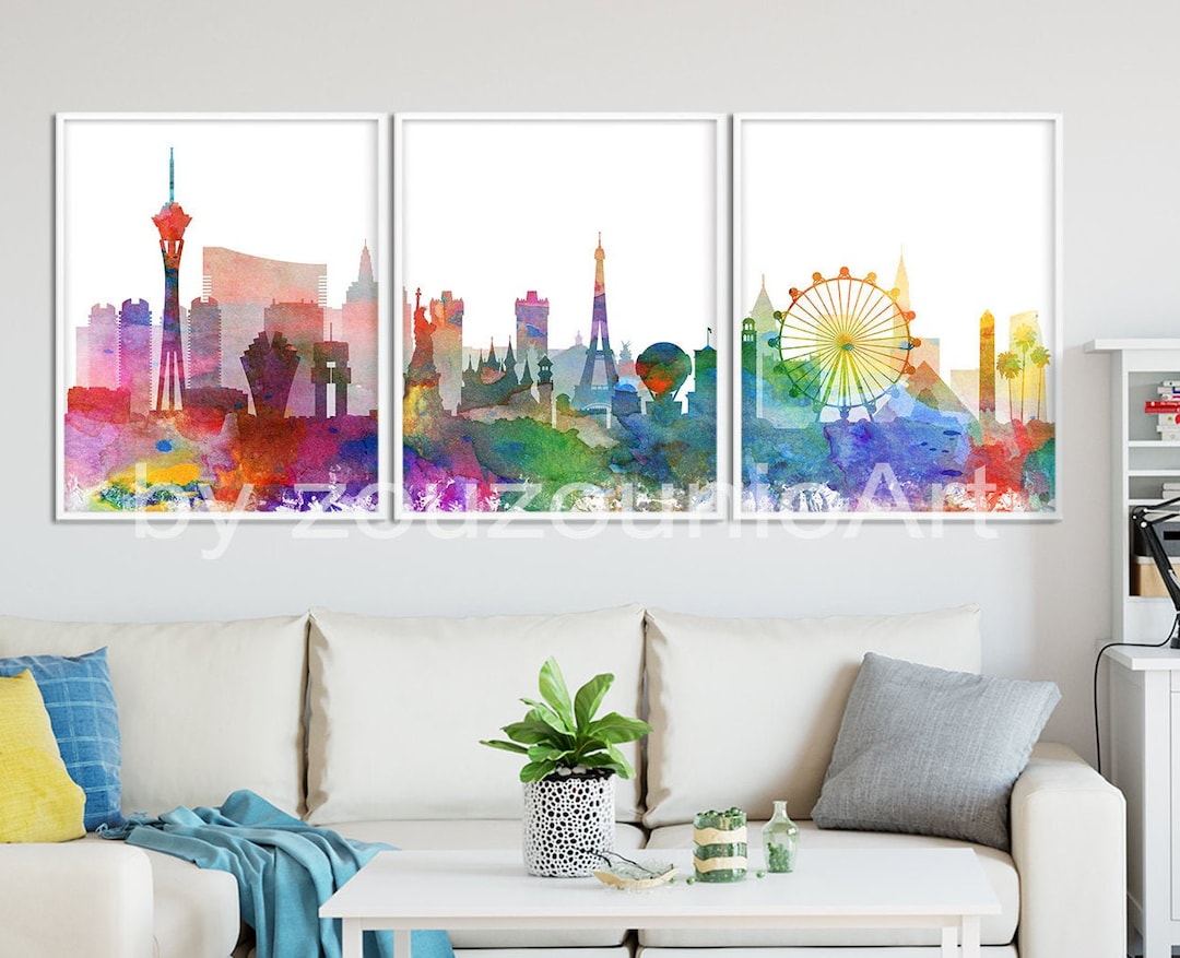 Las Vegas Skyline Print, Abstract Watercolor Las Vegas Set of 3, Las ...