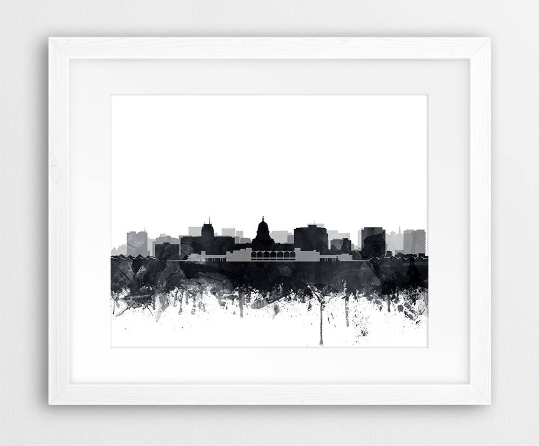 Madison Skyline Print, Madison Watercolor Grey Black White, Madison ...