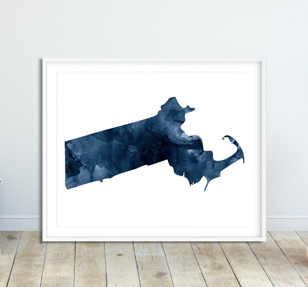 Massachusetts State Map Print, Watercolor Navy Blue Massachusetts Map ...