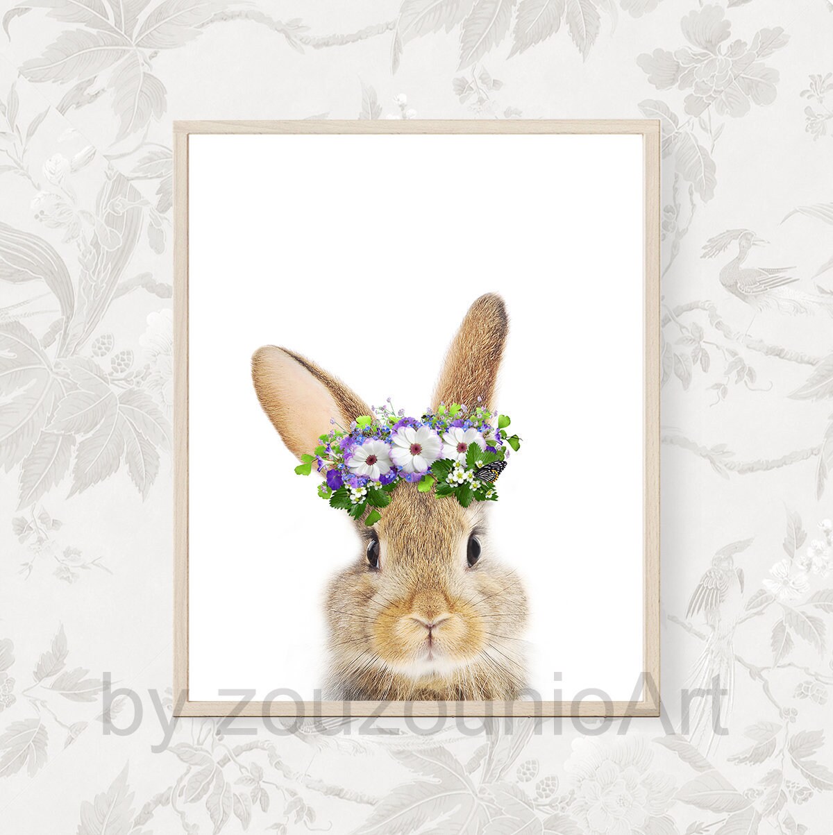 Rabbit Flower Crown Print Nursery Animal Wall Art Woodland | Etsy