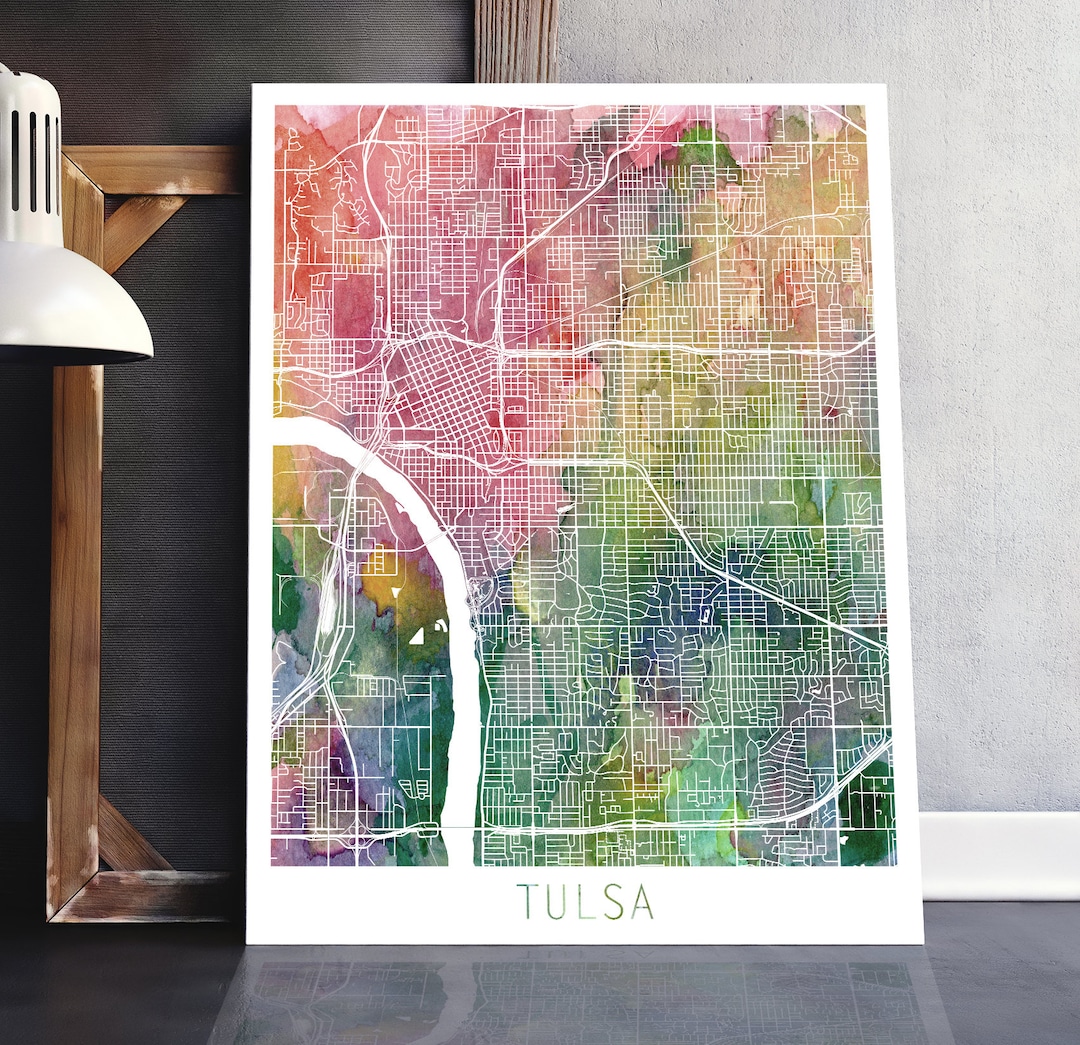 Tulsa City Urban Map Poster, Tulsa Street Print, Watercolor Map Tulsa ...