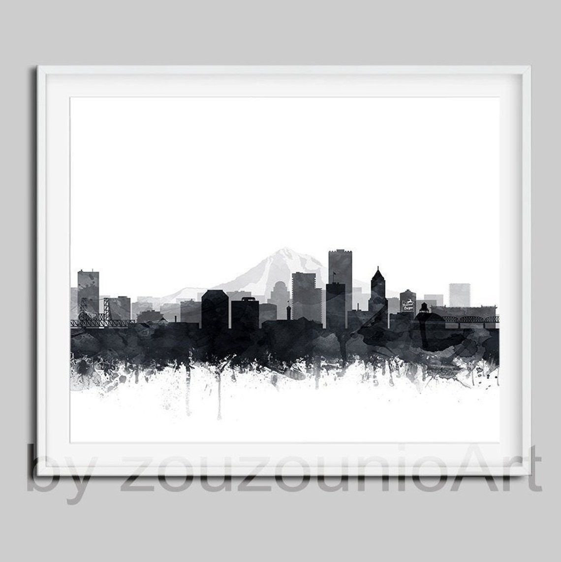 Portland Skyline Print, Portland Oregon Cityscape, Watercolor Grey ...