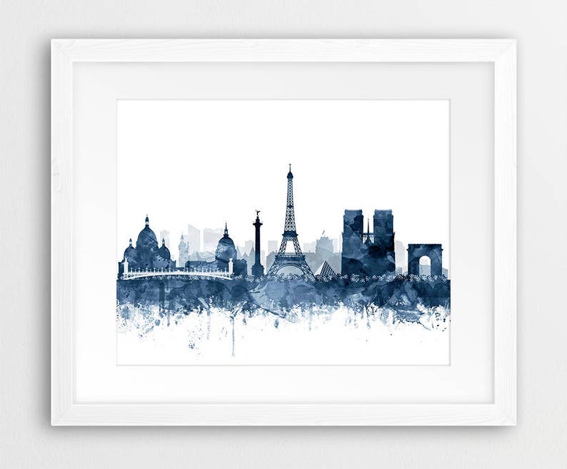 Paris Skyline Print, Paris Watercolor Navy Blue and White Poster, Paris ...