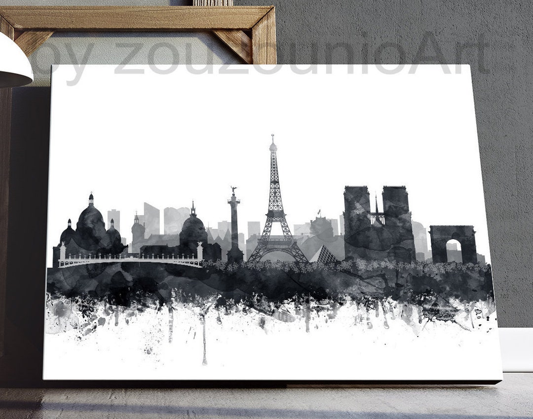 Paris Skyline Print, Paris Black and White Watercolor Art Poster, Paris ...