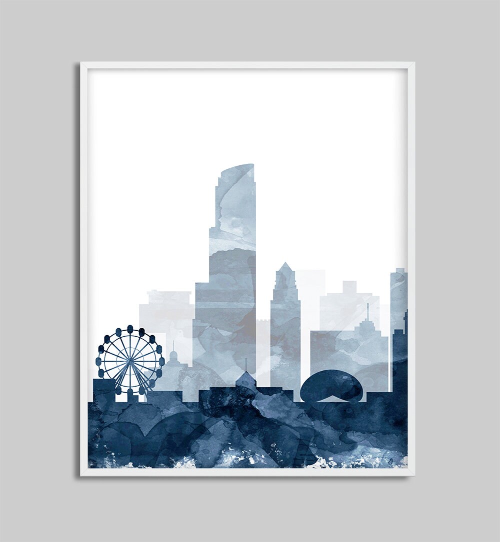 Chicago Print Chicago Skyline Watercolor Navy Blue Set of 3 | Etsy