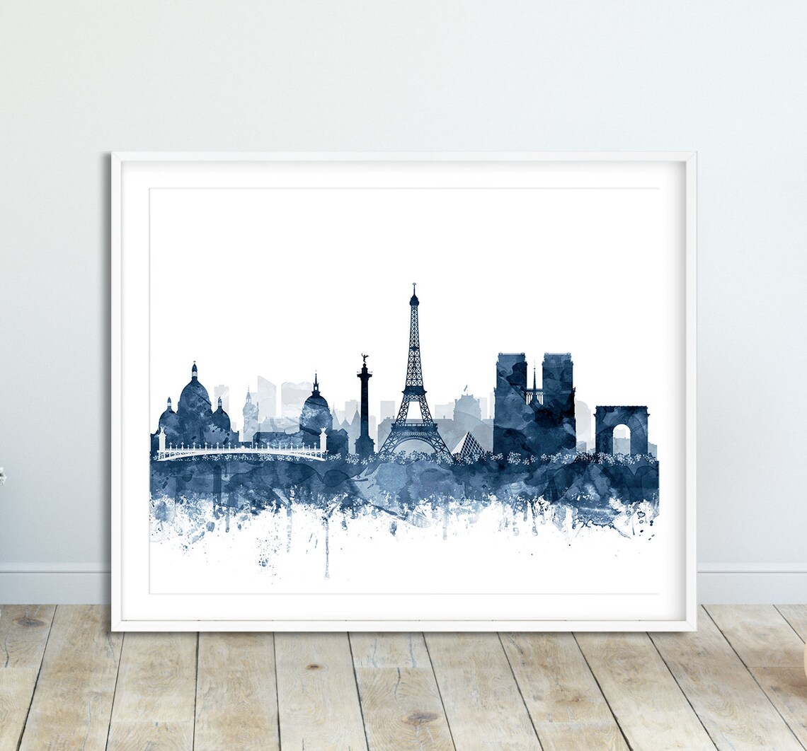 Paris Skyline Print Paris Watercolor Navy Blue and White - Etsy
