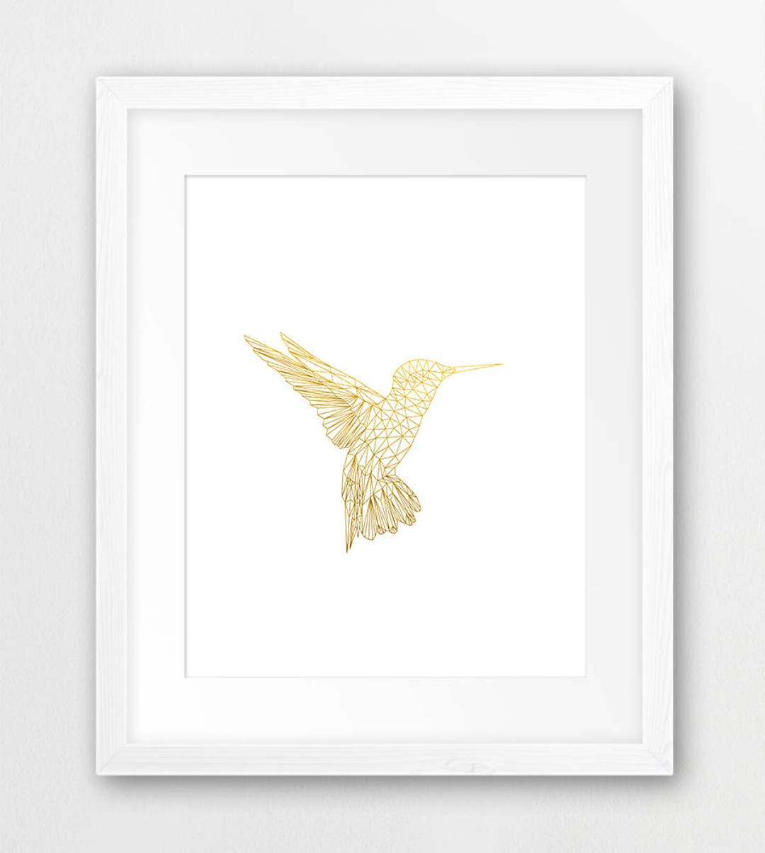 Hummingbird Geometric Print, Hummingbird Gold Foil Texture, Modern Wall ...