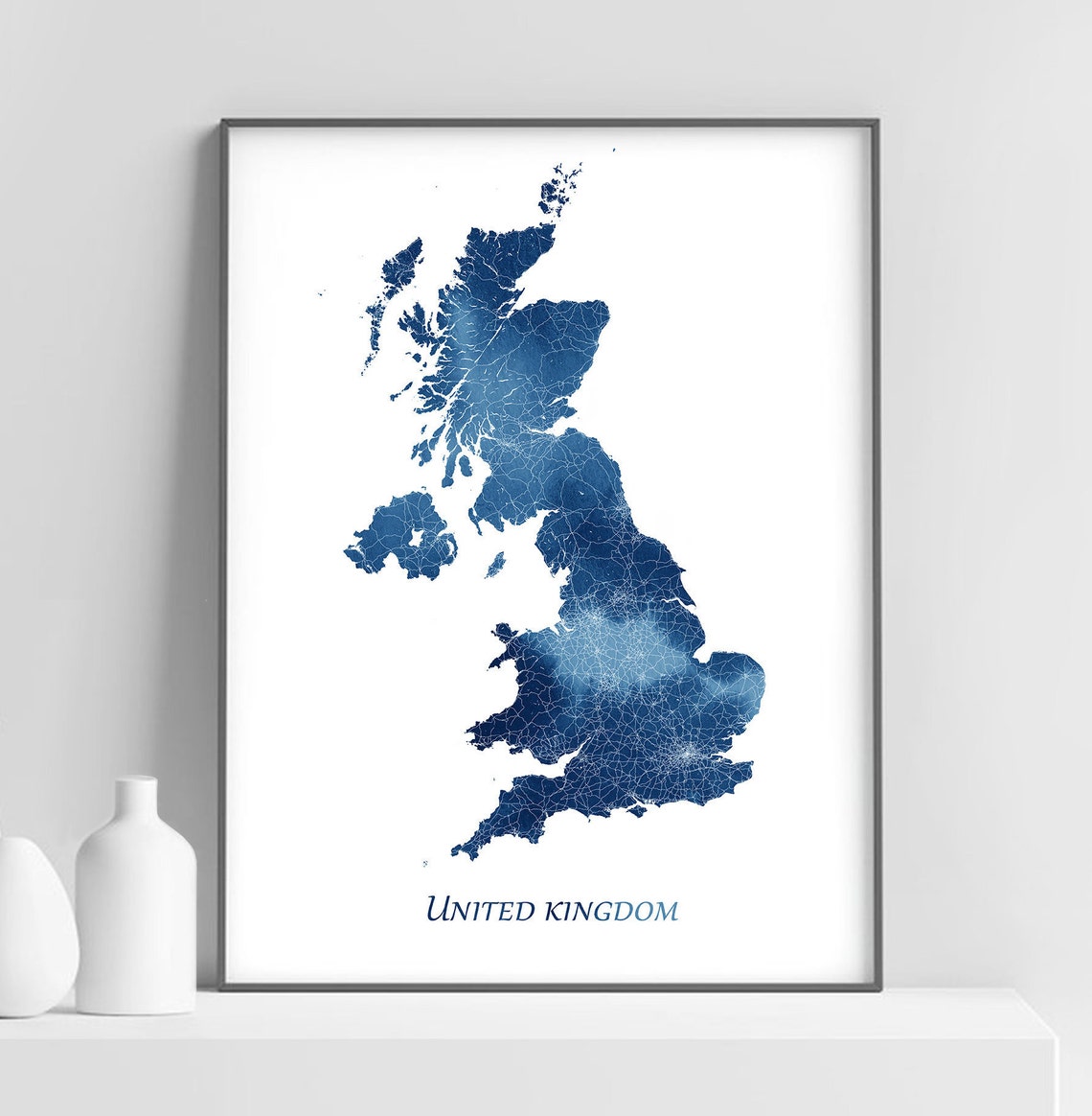 Great Britain Art Print, UK Wall Art, Blue Watercolor Map Great Britain ...