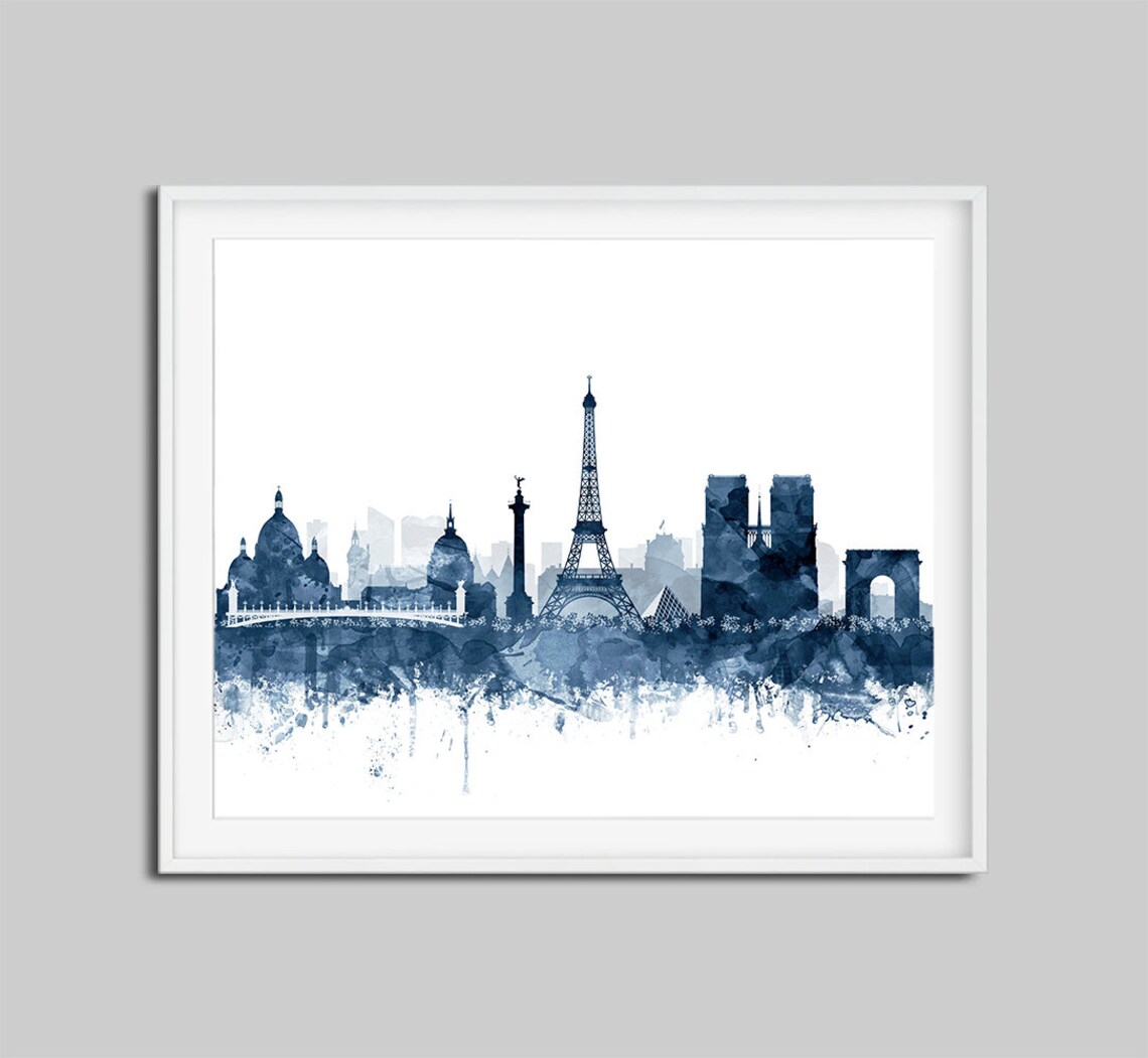 Paris Skyline Print Paris Watercolor Navy Blue and White | Etsy