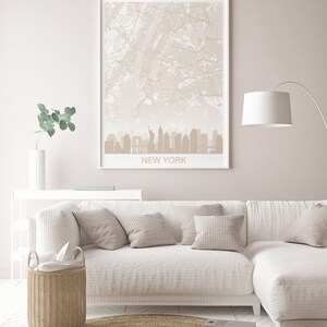 City Skyline Map Beige White Set of 3 Art Prints, Cityscape Map Wall ...