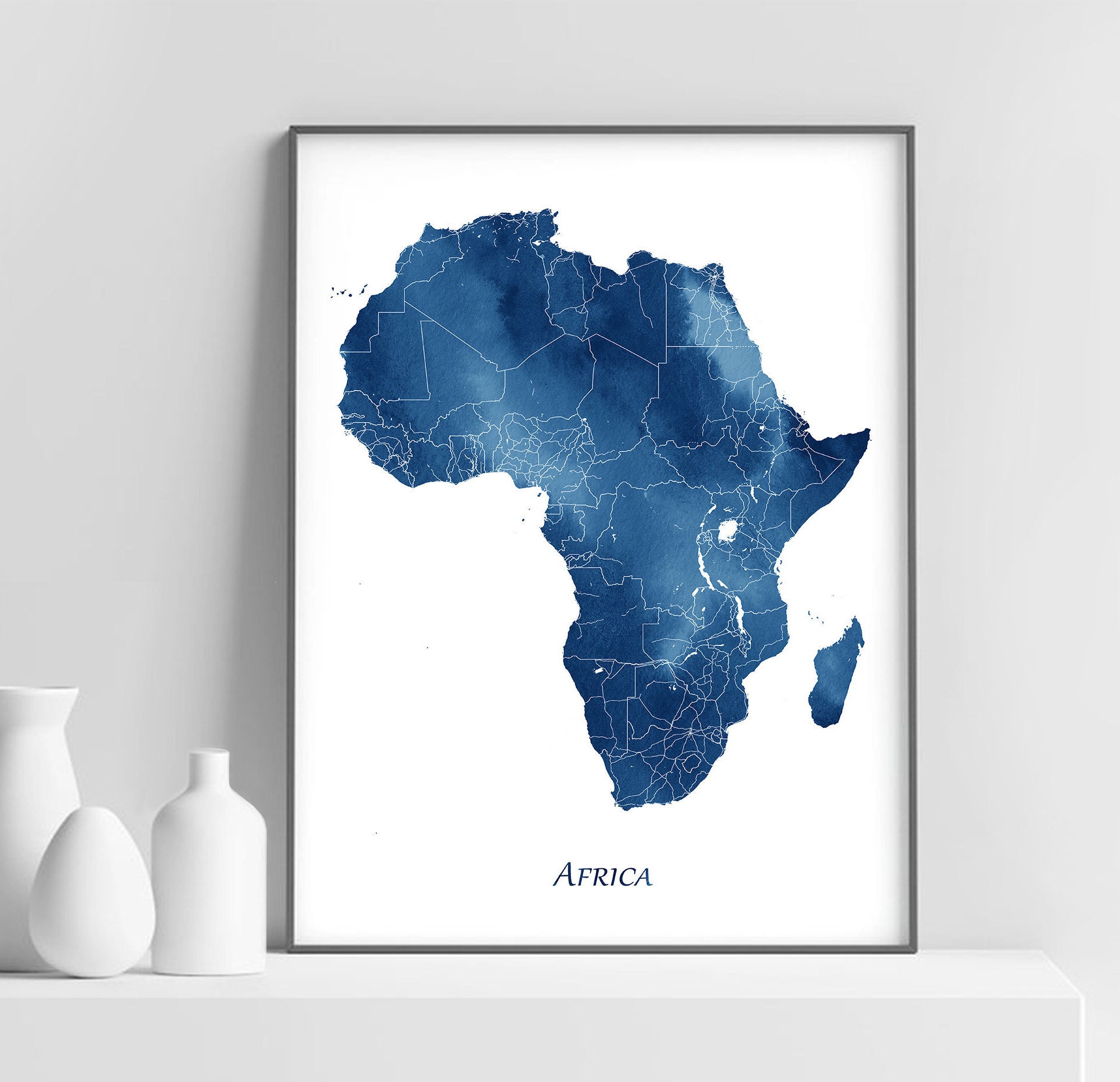 Africa Map Art Print Africa Map Wall Art Blue Watercolor | Etsy