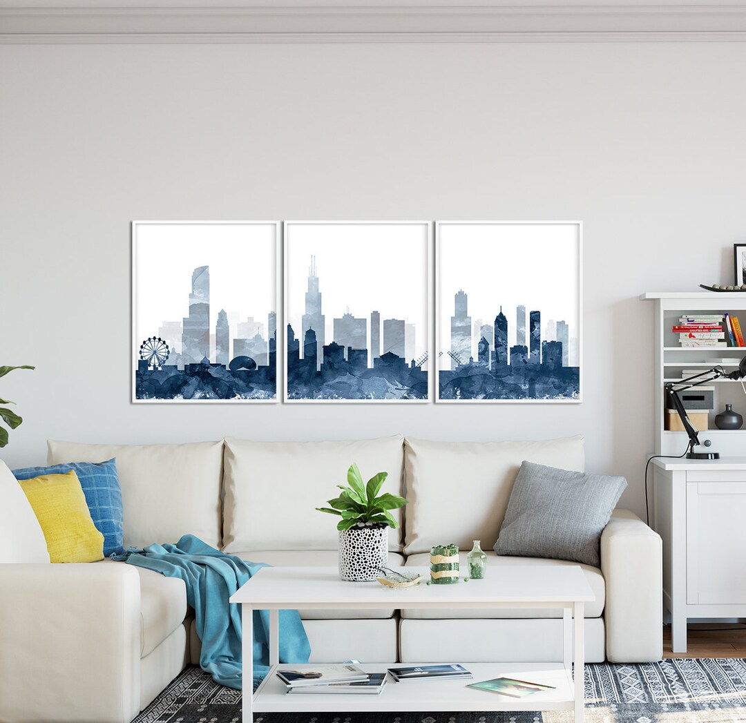 Chicago Print, Chicago Skyline Watercolor Navy Blue Set of 3, Triptych ...