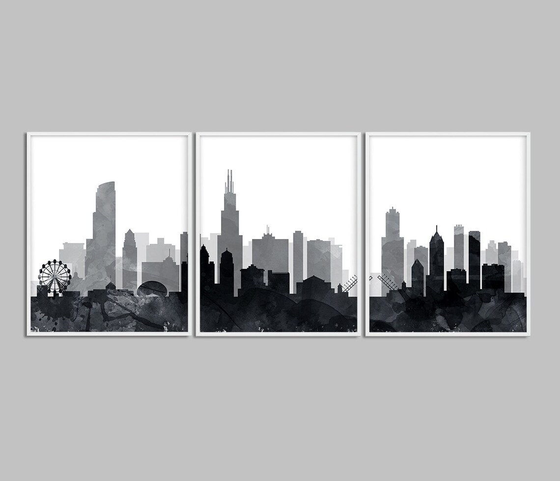 Chicago Print Chicago Skyline Black White Watercolor Set of - Etsy