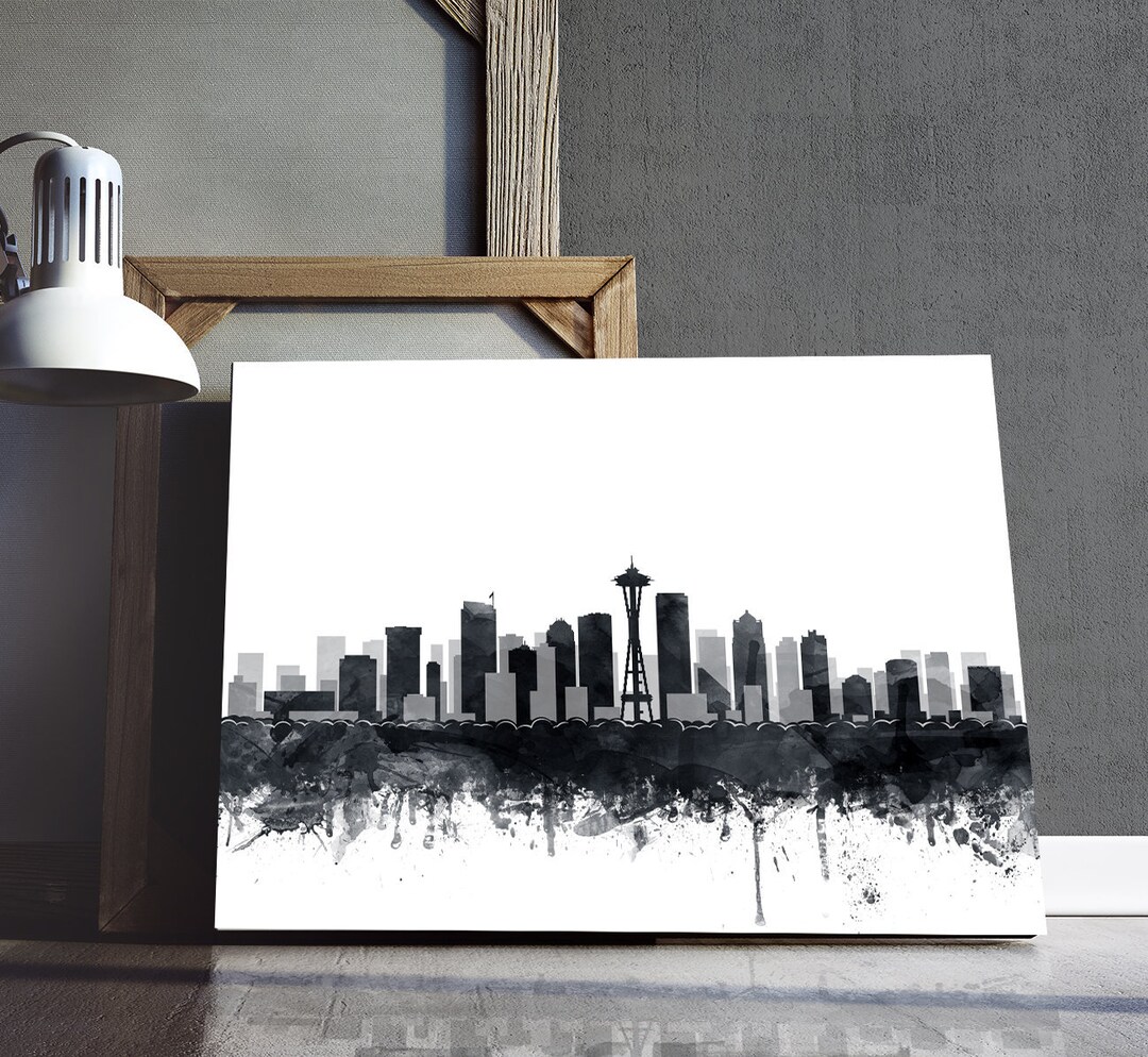 Seattle Skyline Print, Seattle Watercolor Grey Black White, Washington ...