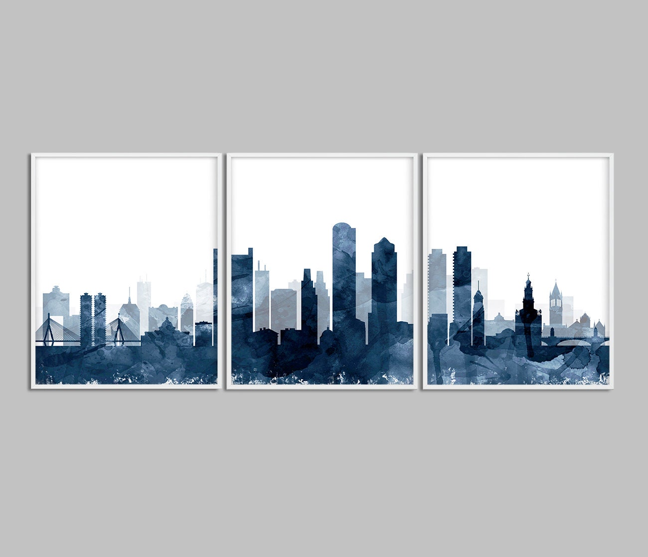 Boston Skyline Set of 3 Print Boston Triptych Watercolor Navy | Etsy