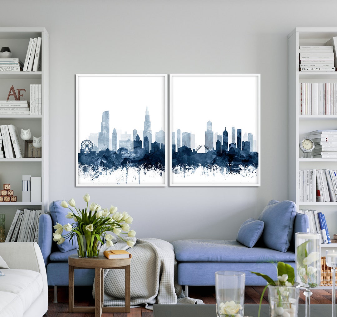 Chicago Skyline Print, Chicago Skyline Watercolor Navy Blue Set of 2 ...