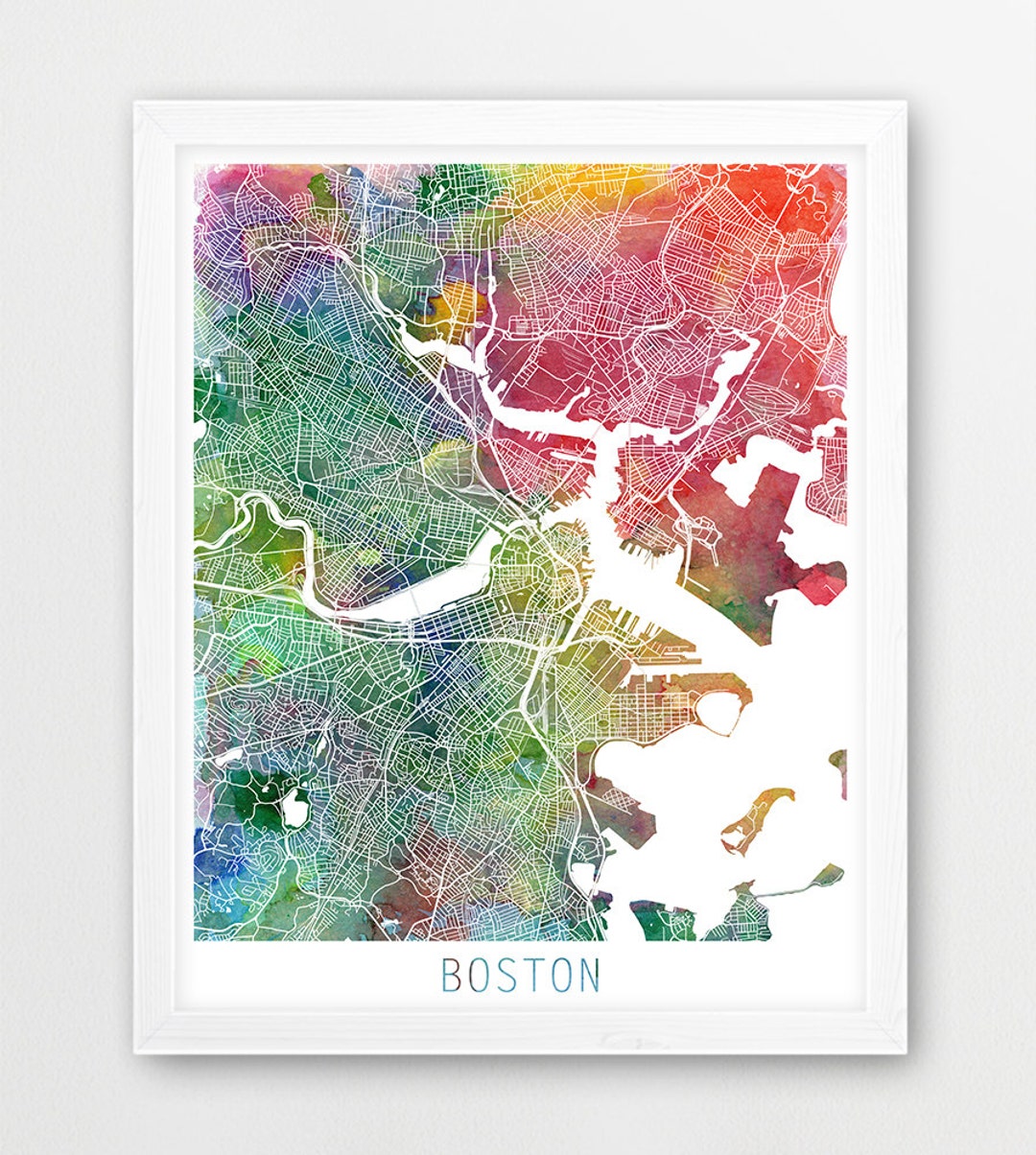 Boston City Urban Map Poster, Boston City Street Map Print, Watercolor ...