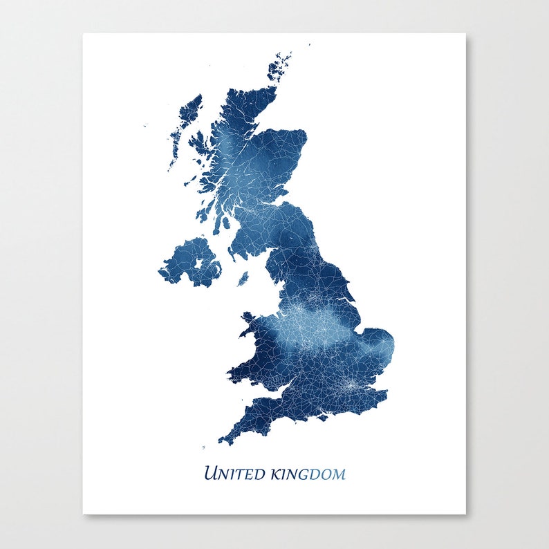Great Britain Art Print, UK Wall Art, Blue Watercolor Map Great Britain ...