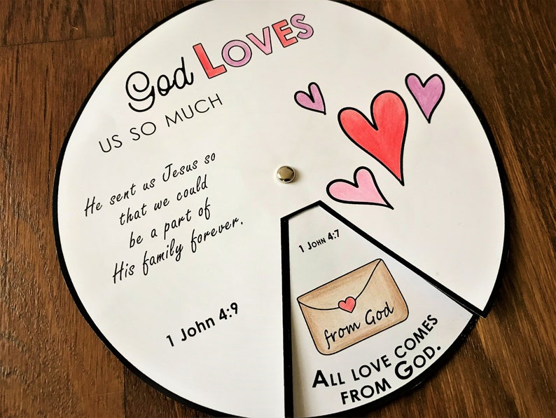 God Loves Us Scripture Coloring Wheel, Printable Bible Valentine ...