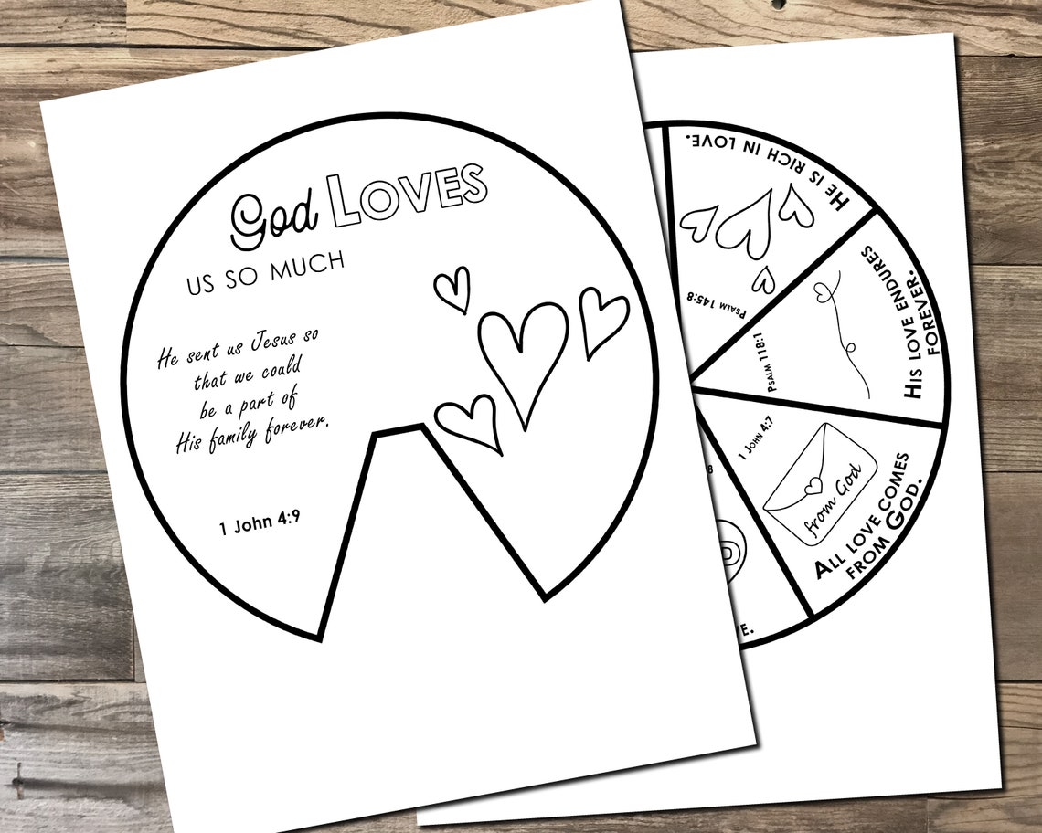 God Loves Us Scripture Coloring Wheel, Printable Bible Valentine ...