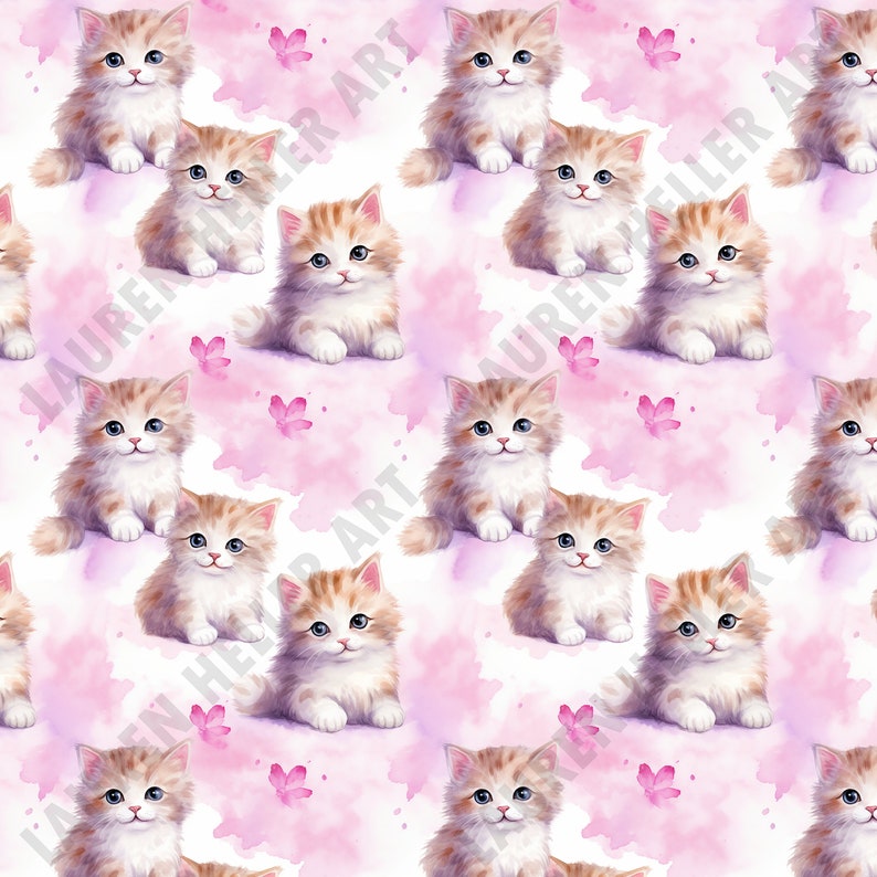 Watercolor Pink Tabby Kittens Seamless Repeating Pattern - Etsy