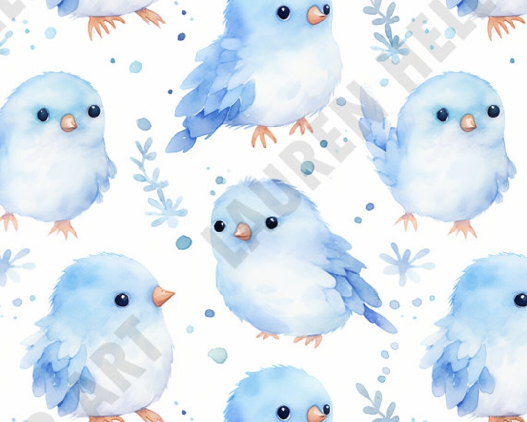 Watercolor Blue Baby Birds Seamless, Repeating Pattern 2 Files, Tiled ...