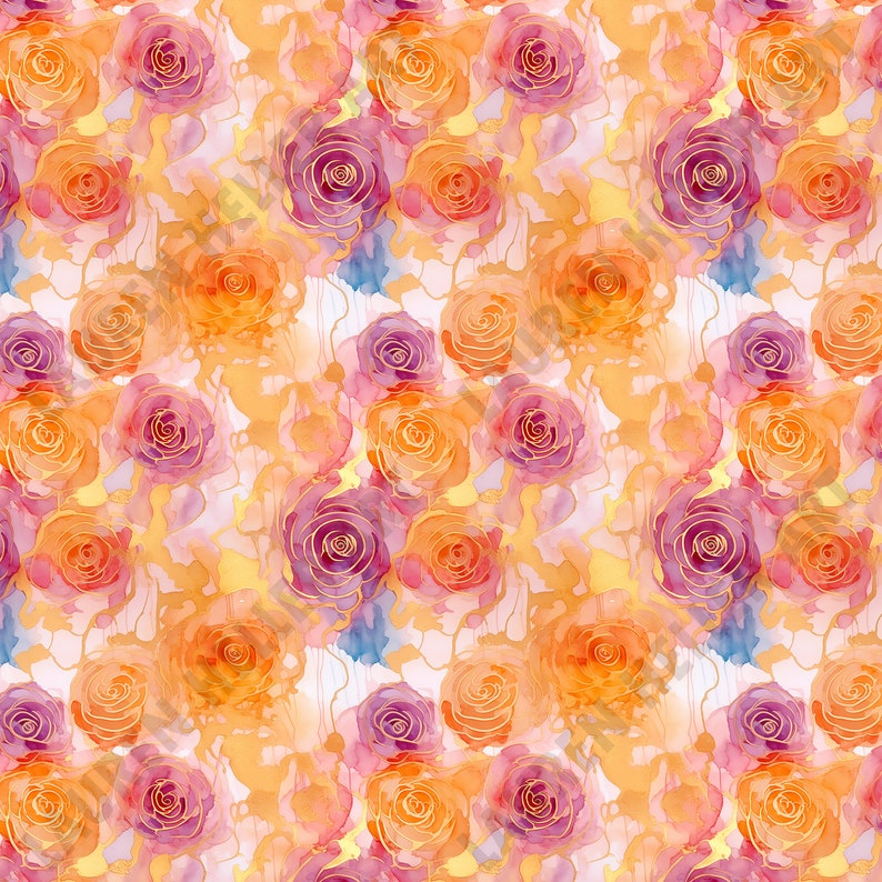Alcohol Ink Roses With Illustrative Gold Lines - Seamless, Repeating ...