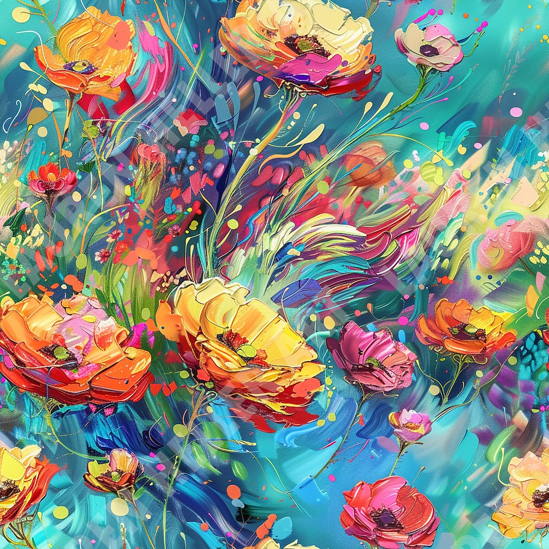 Abstract Expressionism Poppies and Daisies Wildflowers - Seamless ...