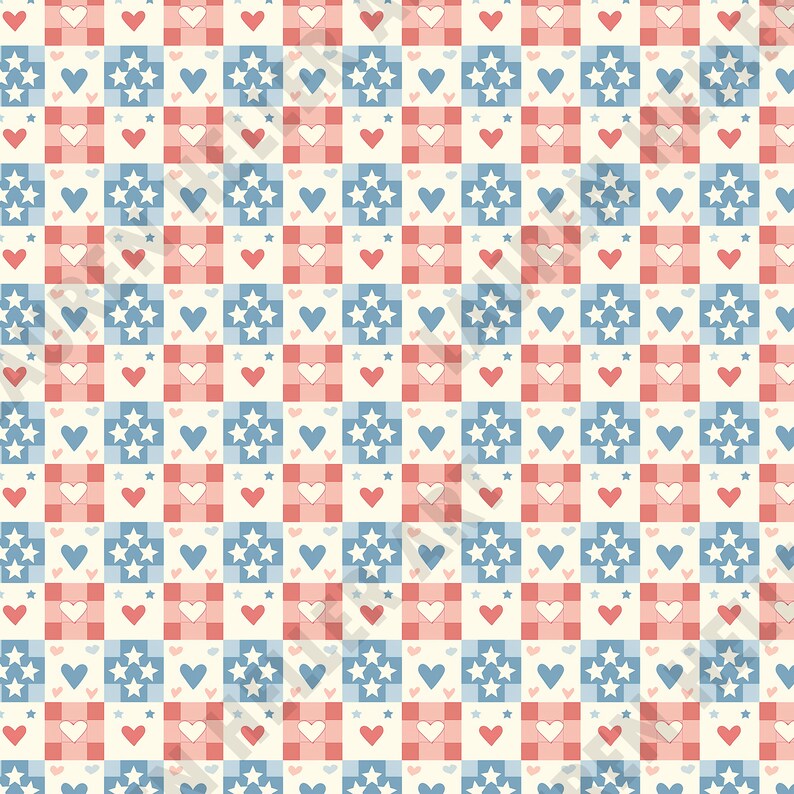 4th of July Red White and Blue Stars and Hearts Checkers Seamless ...