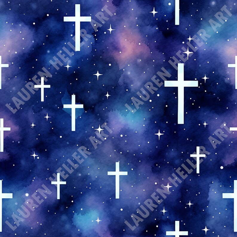 Christian Night Sky Seamless Pattern - Crosses and Stars (digital ...