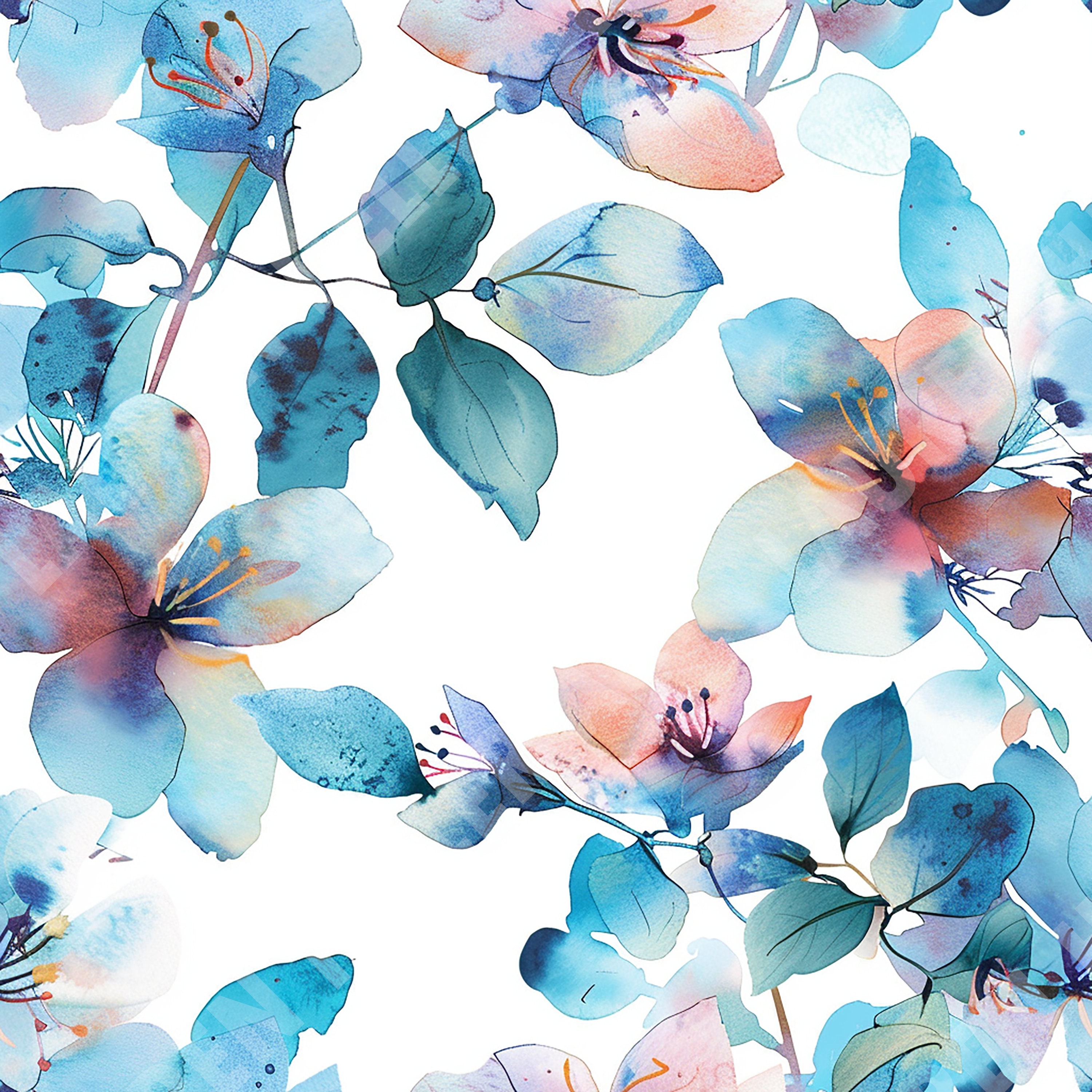 Watercolor Blue Flowers and Leaves - Seamless, Repeating Pattern ...