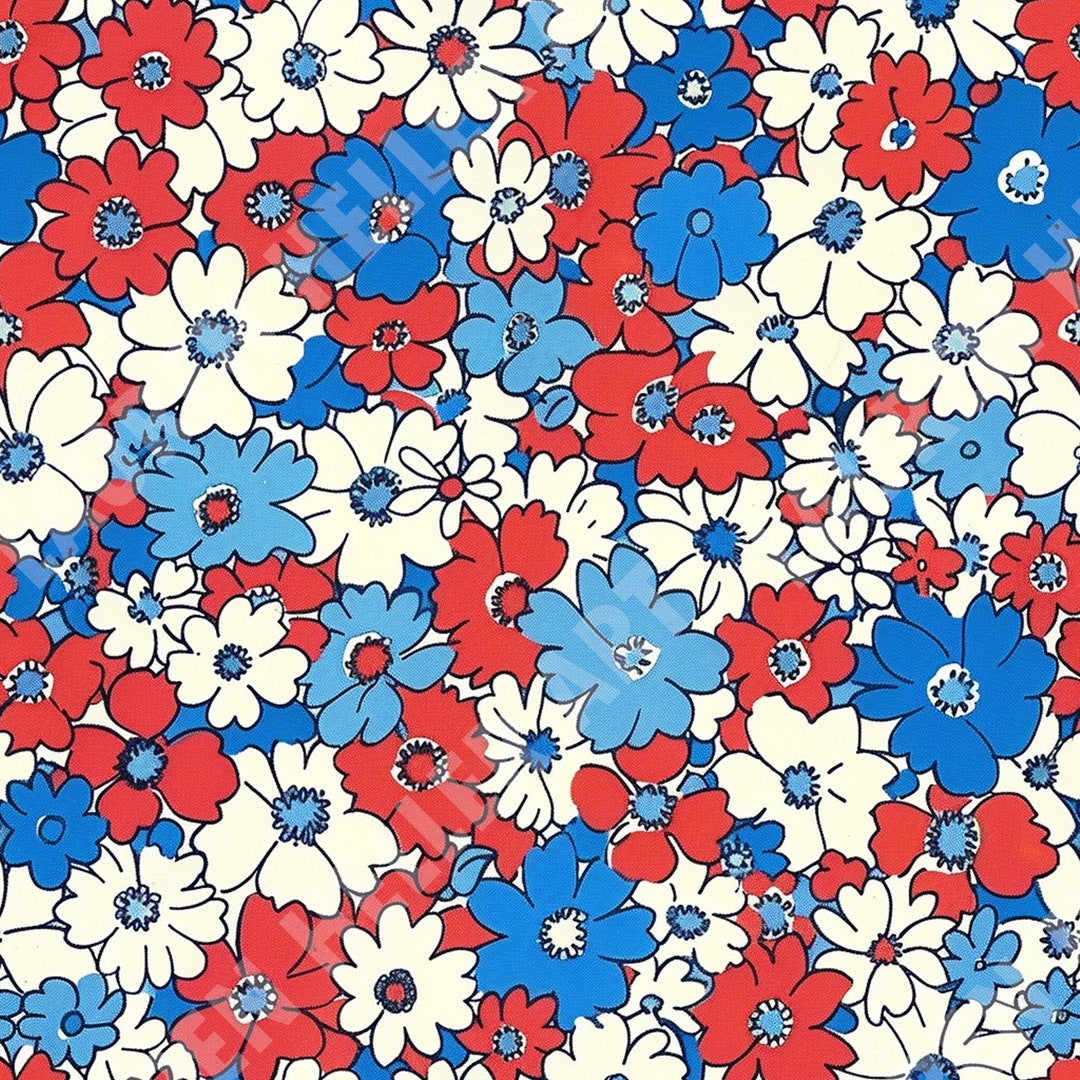 4th of July - Red White and Blue Retro Flowers - Seamless Repeating ...