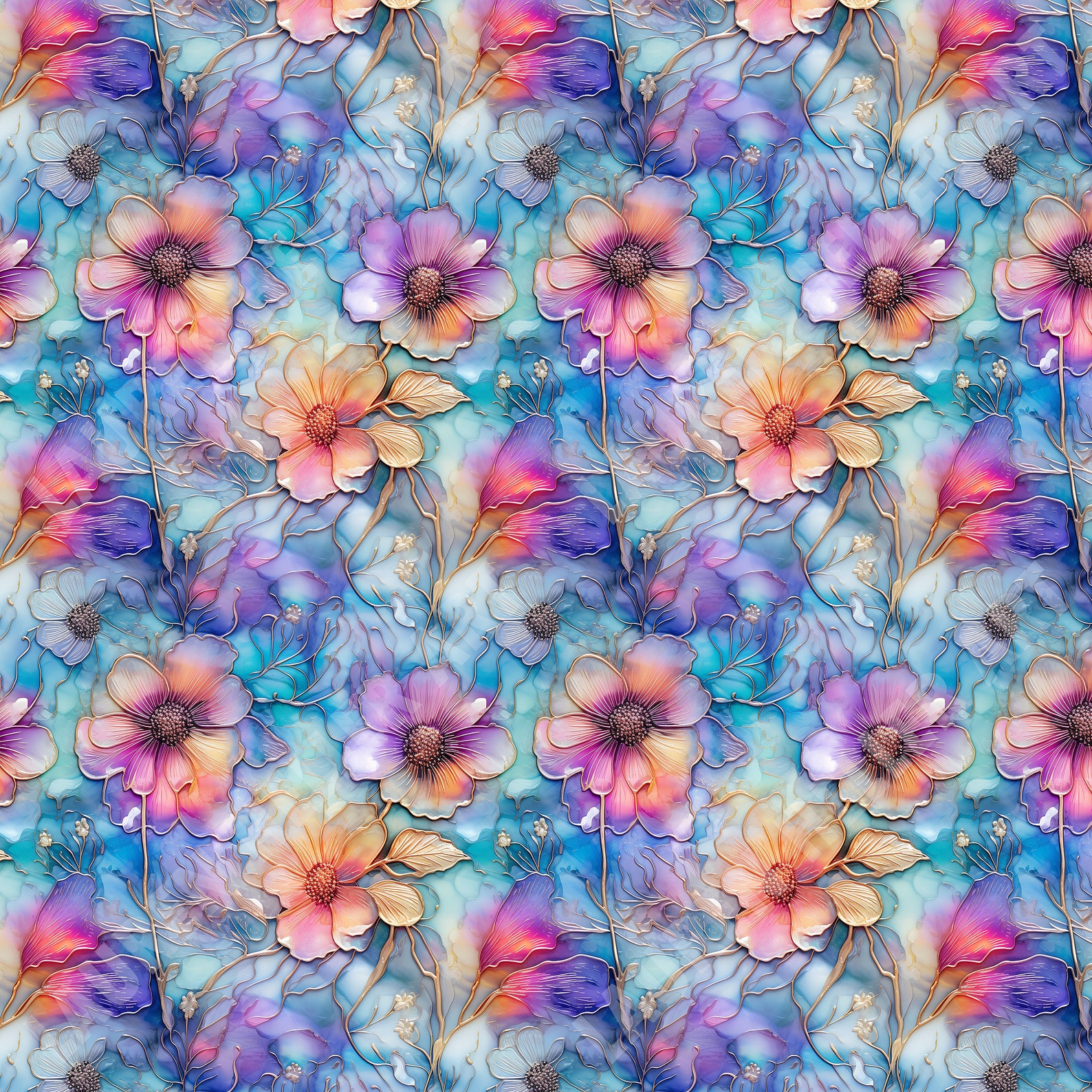 Floral Tileable Design Seamless Pattern Alcohol Ink Rose Wildflowers ...
