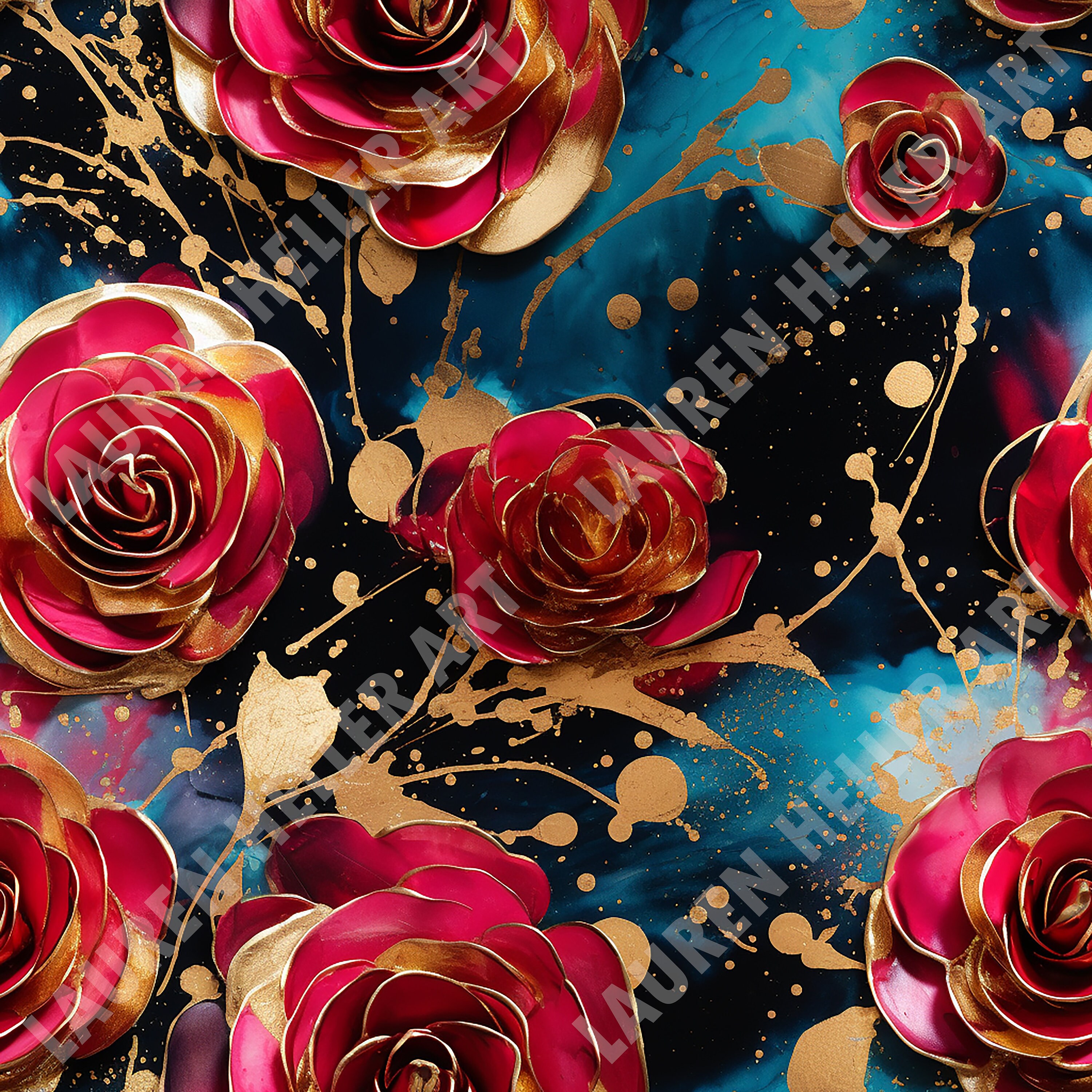 Red Rose Alcohol Ink Flowers With Gold Splatter - Seamless, Repeating ...