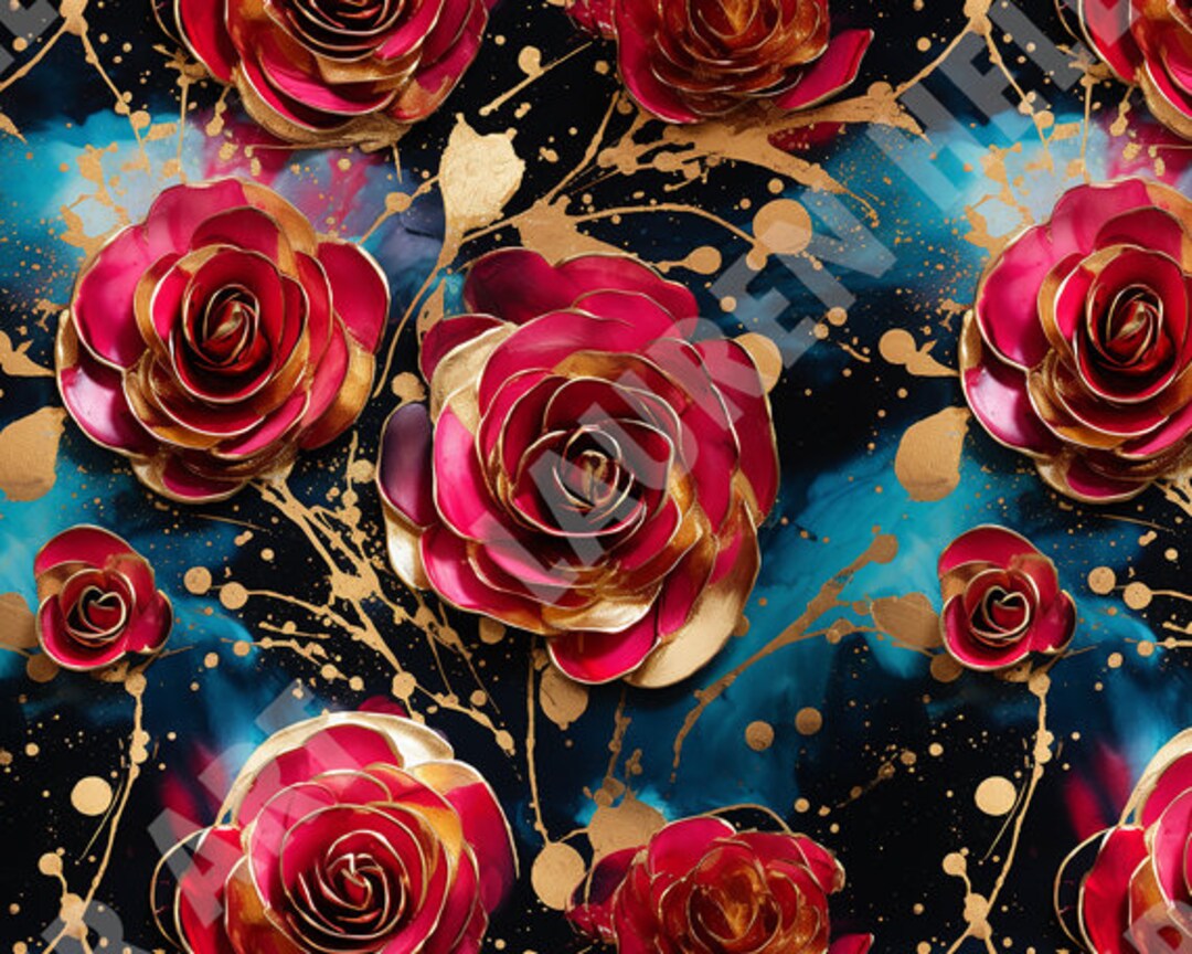 Red Rose Alcohol Ink Flowers With Gold Splatter - Seamless, Repeating ...