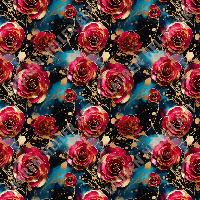 Red Rose Alcohol Ink Flowers With Gold Splatter - Seamless, Repeating ...