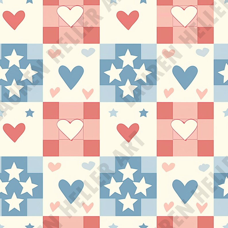 4th of July Red White and Blue Stars and Hearts Checkers Seamless ...