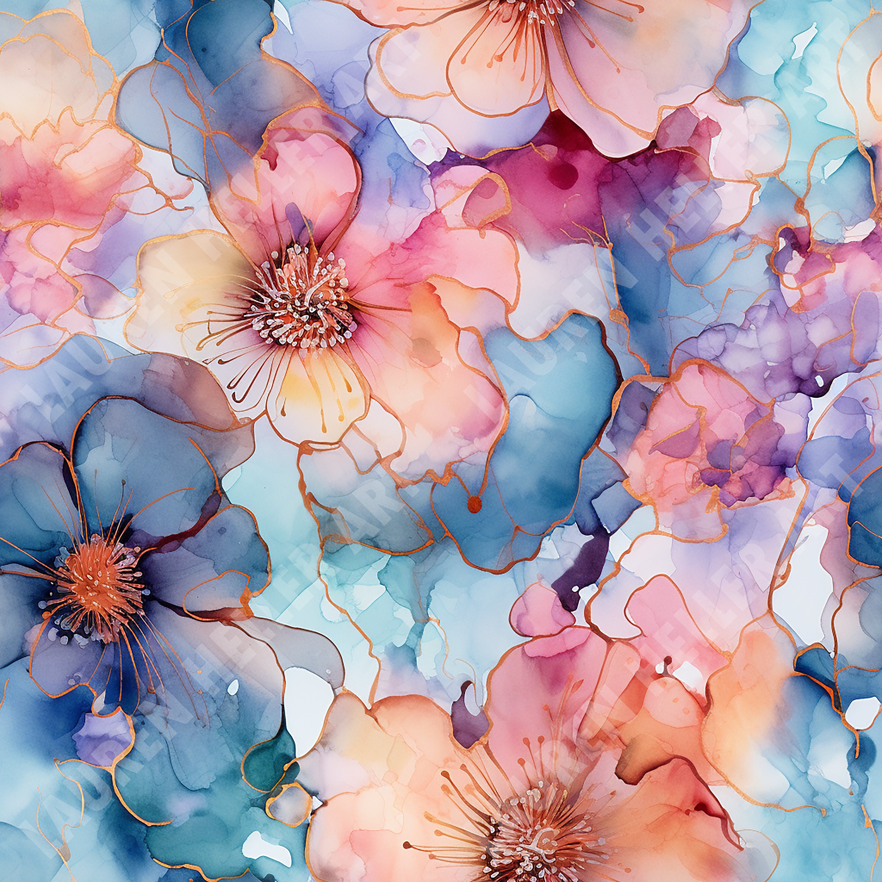 Illustrated Pastel Alcohol Ink Flowers Seamless, Repeating Pattern 2 ...