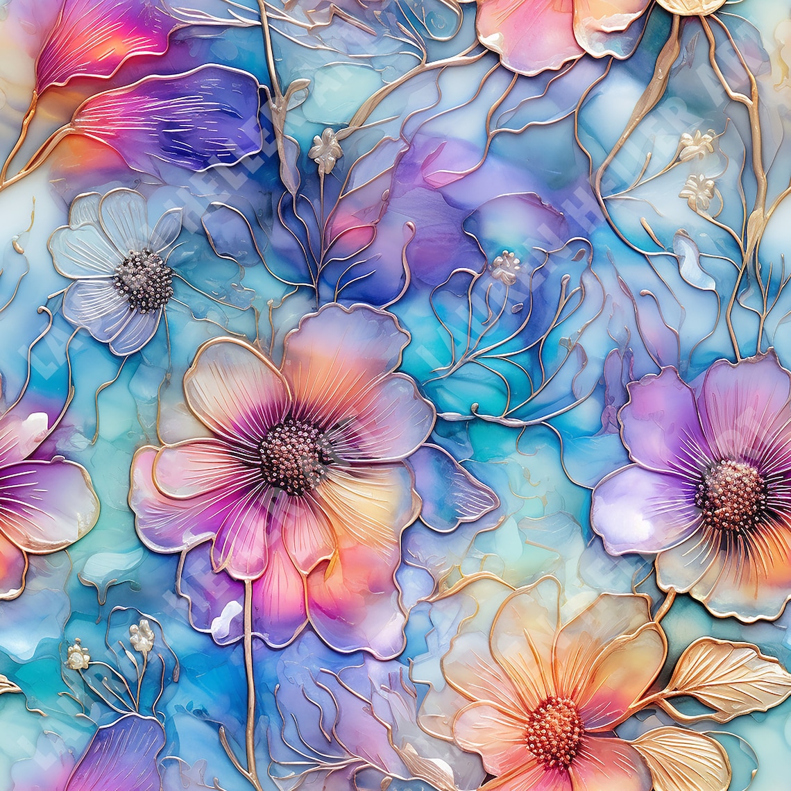 Floral Tileable Design Seamless Pattern Alcohol Ink Rose Wildflowers ...