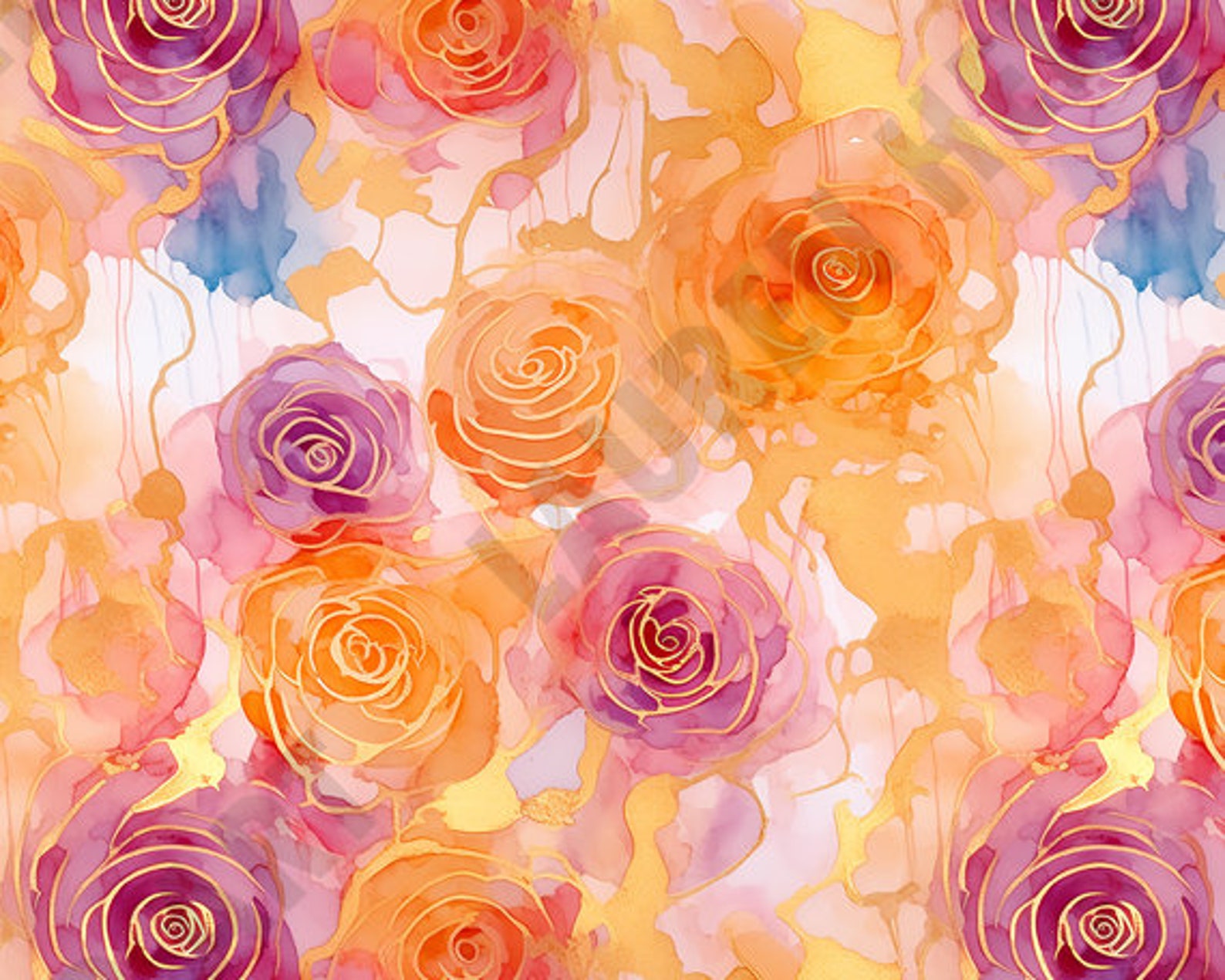 Alcohol Ink Roses With Illustrative Gold Lines - Seamless, Repeating ...