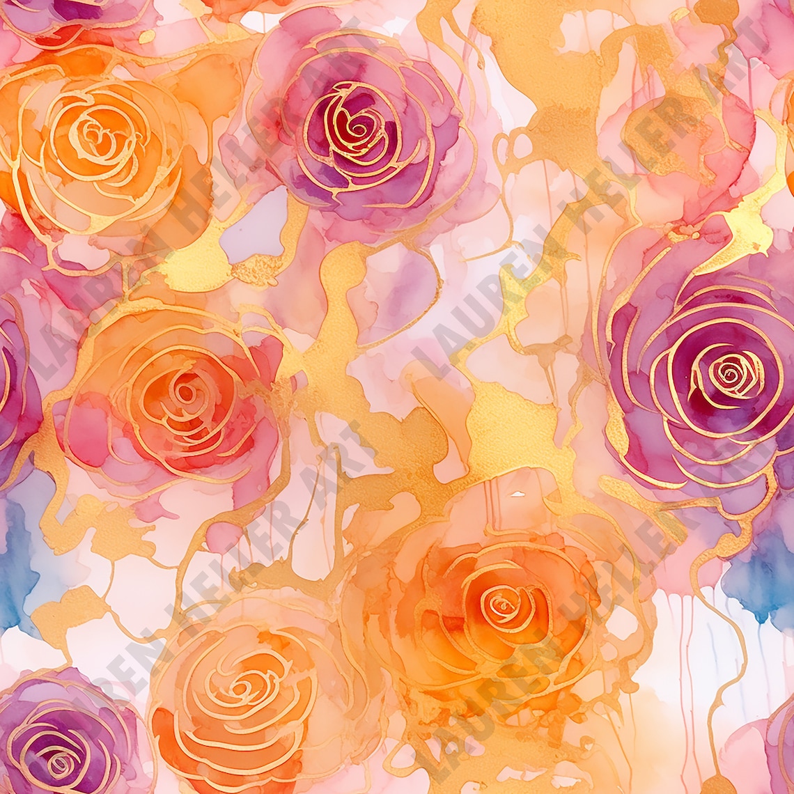Alcohol Ink Roses With Illustrative Gold Lines - Seamless, Repeating ...