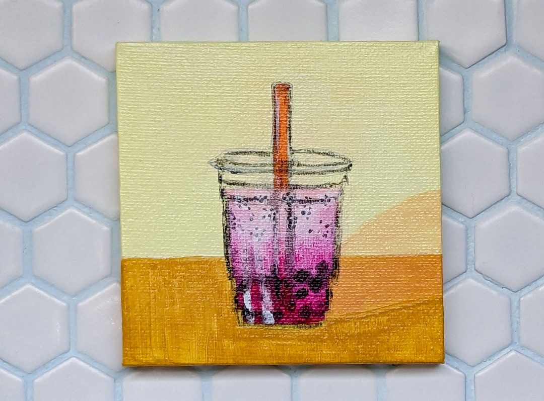 Dragonfruit Boba on Yellow Background 4x4 Mini Painting, Yellow ...