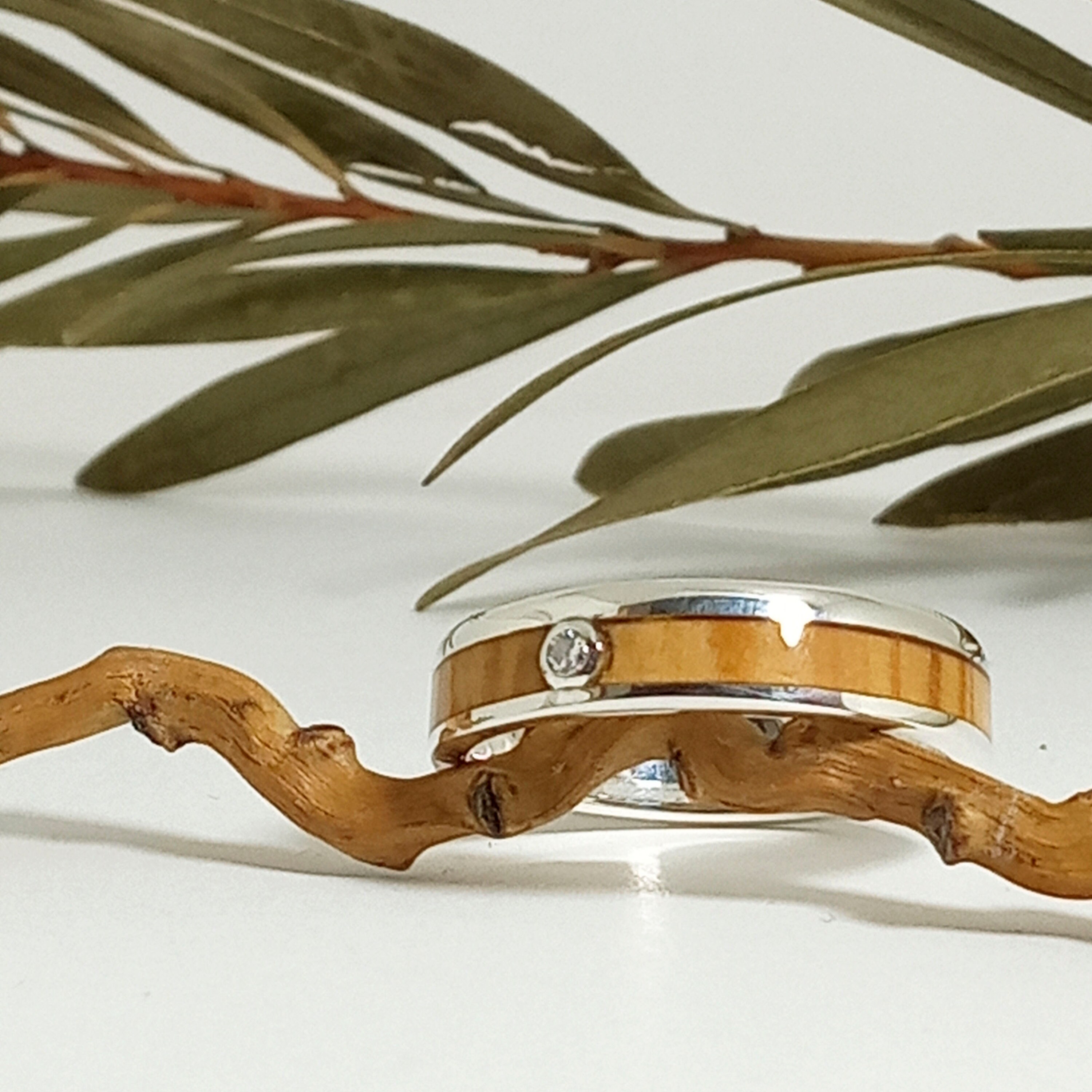 Olive Wood Ring Diamond and Sterling Silver Women and Man | Etsy