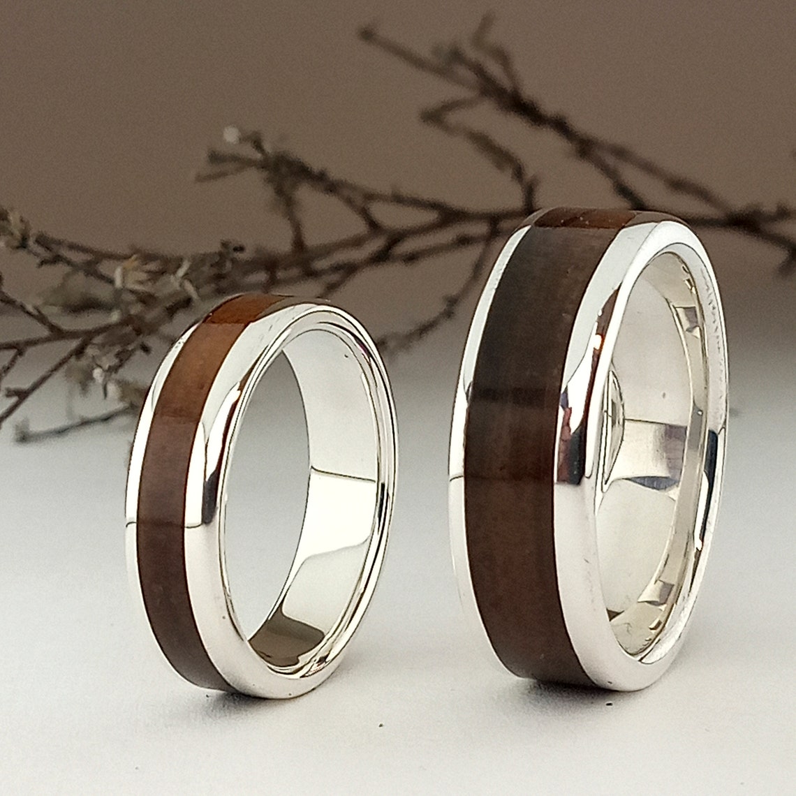 Walnut Wood and Silver Sterling Rings Mens Wood set Rings | Etsy