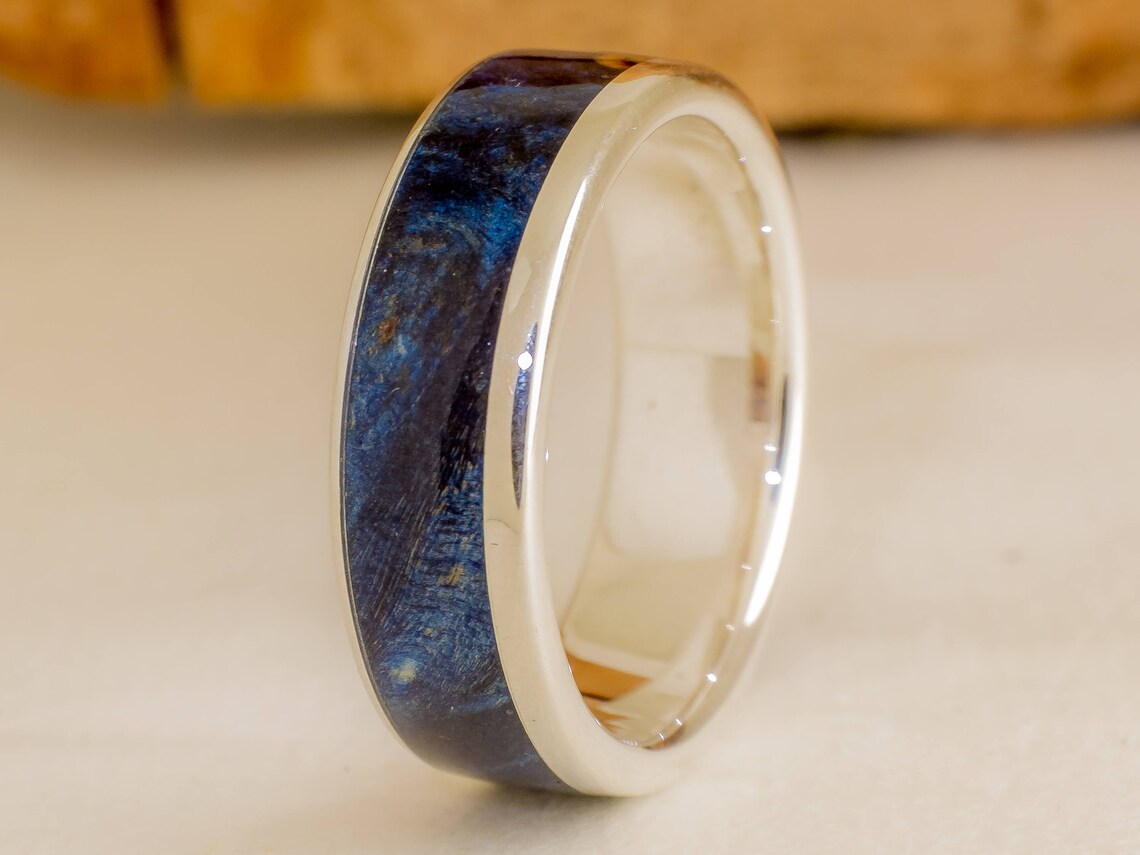 Blue Ring Silver Mens Ring Inlay Birch Blue Wood, Mens Wedding Ring ...
