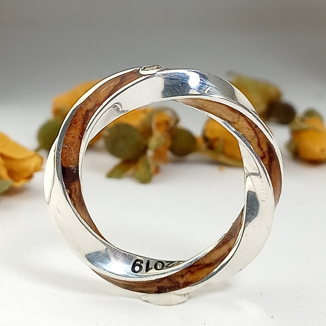 Moebius Ring Silver With Olive Wood and Diamond Engagement - Etsy