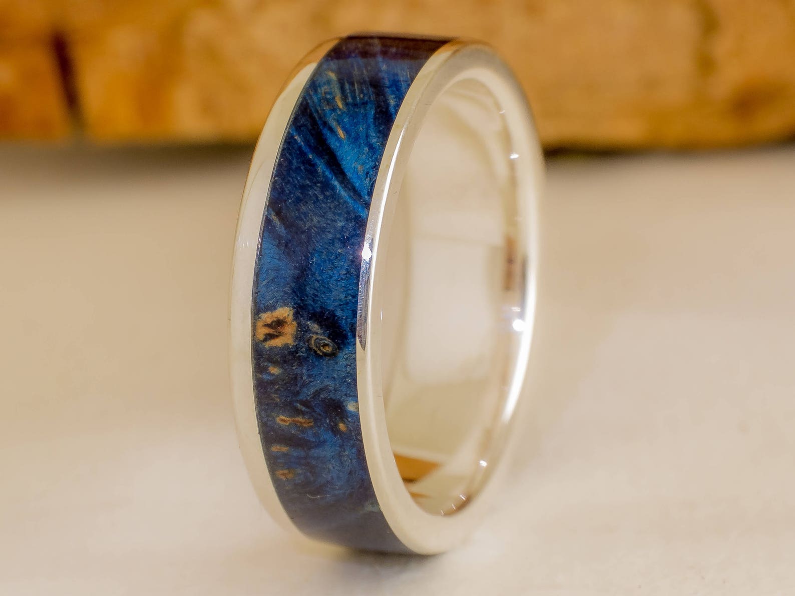 Blue Ring Silver Mens Ring Inlay Birch Blue Wood Mens Wedding | Etsy